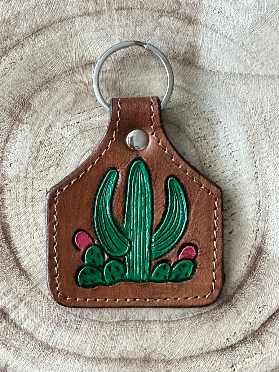 CACTI - Tooled Hand Painted Leather Cattle Tag Key Rings / Bag Tags ...